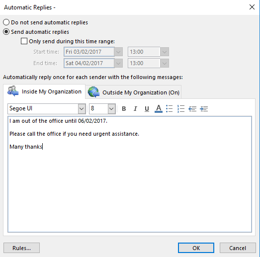 Setting an Out of Office message in Outlook | GRS Technology Solutions